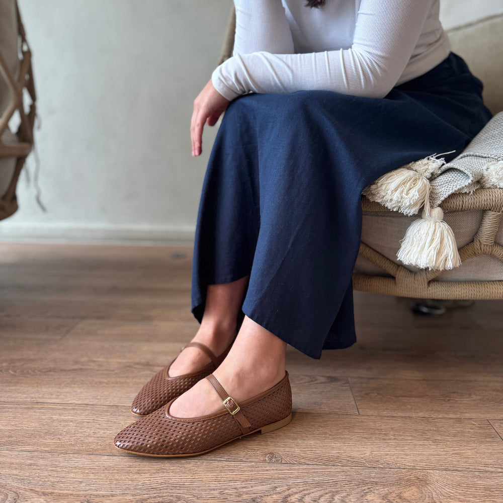 Cori Italian Leather Ballet Flats in Perforated Cognac | A. Soliani