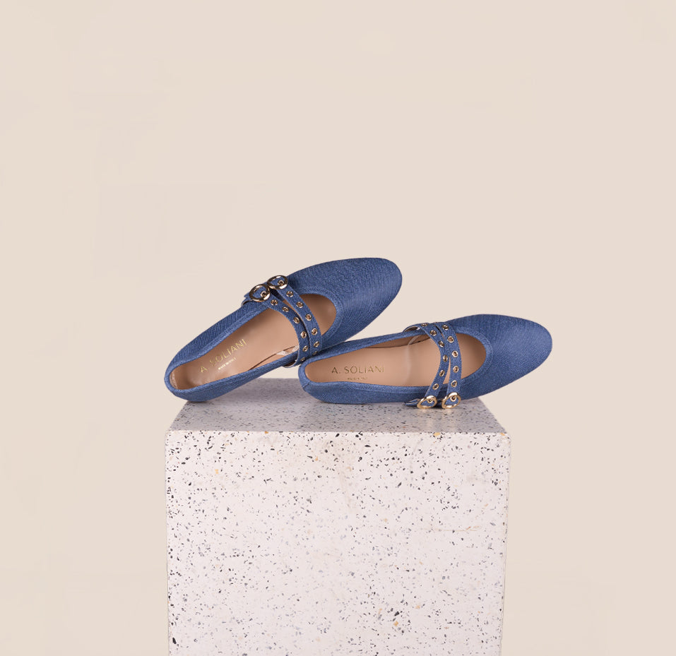 Como Italian Leather Ballet Flats in Dark Denim| A. Soliani