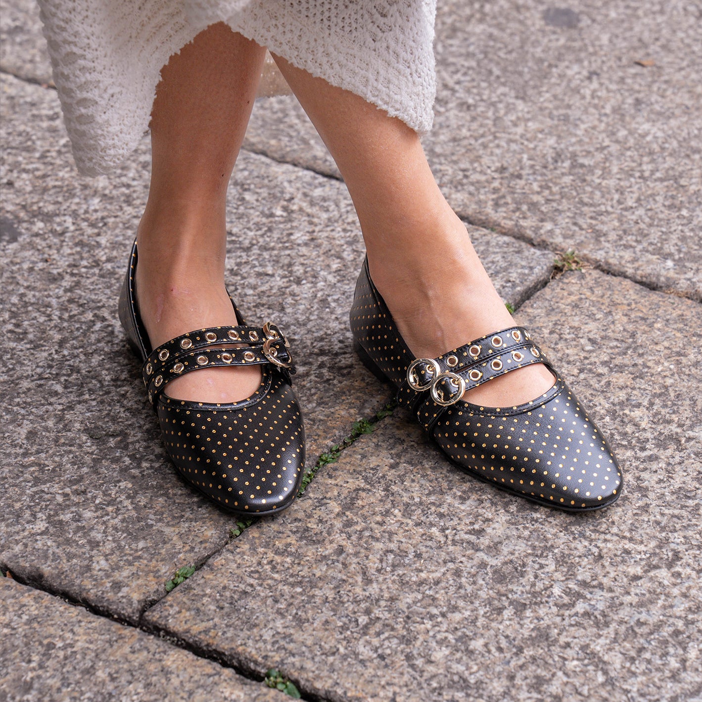 Como 2 Buckle Dotted Gold Italian Leather Ballet Flats | A. Soliani
