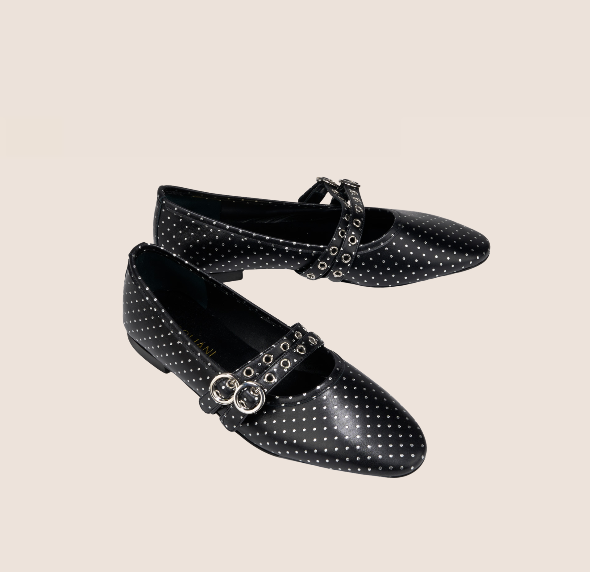 Como 2 Buckle Dotted Silver Italian Leather Ballet Flats | A. Soliani
