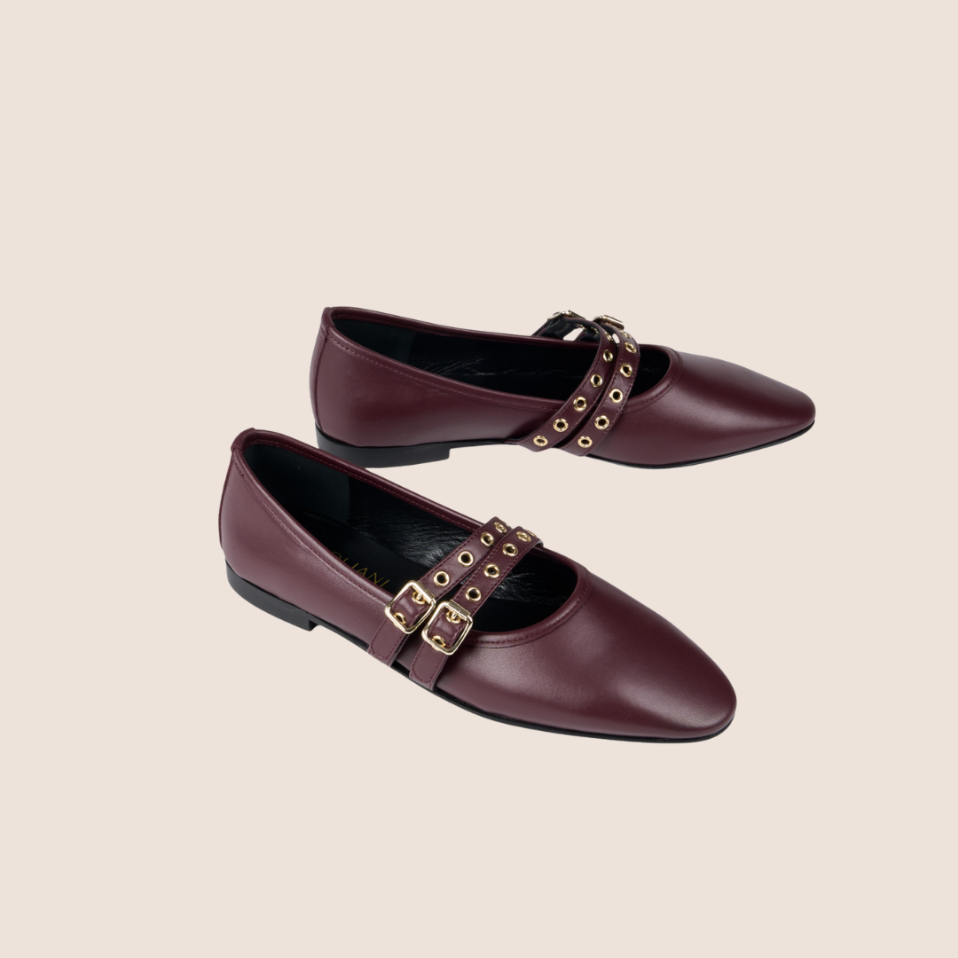 Como 2 Buckle Wine Italian Leather Ballet Flats | A. Soliani